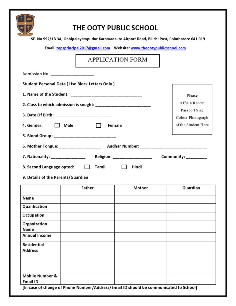 Application Form – The Ooty Public School